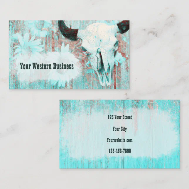 Rustic Western Teal Bull Skull Sunflowers On Wood Business Card | Zazzle