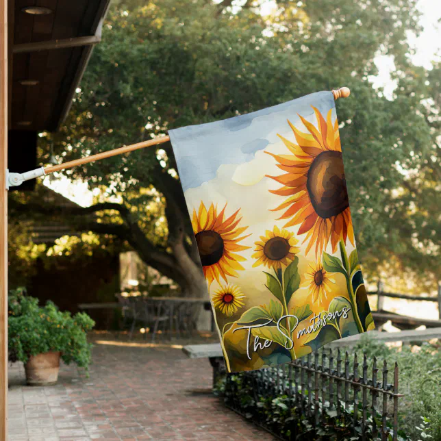 Rustic Whimsical Watercolor Sunflower Field House Flag | Zazzle