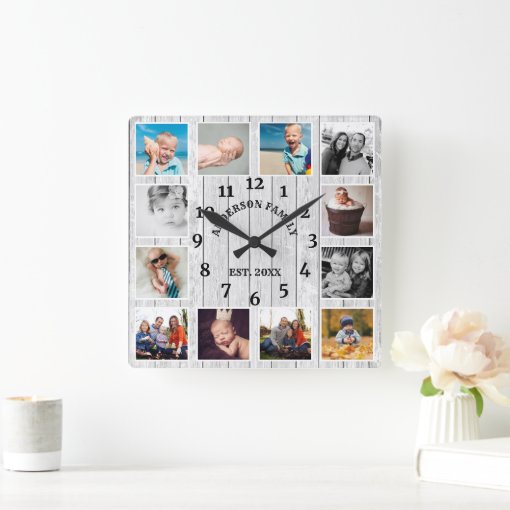 Rustic White Barn Wood Farmhouse 12 Photo Collage Square Wall Clock ...