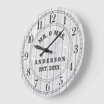 Rustic White Barn Wood Farmhouse Mr. & Mrs. Custom Large Clock | Zazzle