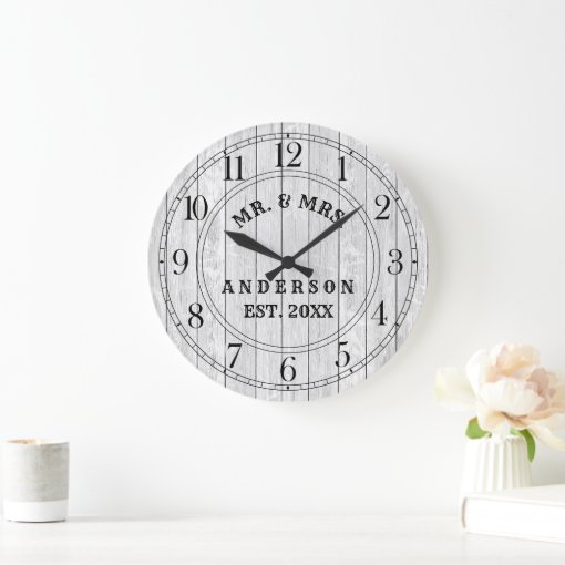 Rustic White Barn Wood Farmhouse Mr. & Mrs. Custom Large Clock | Zazzle