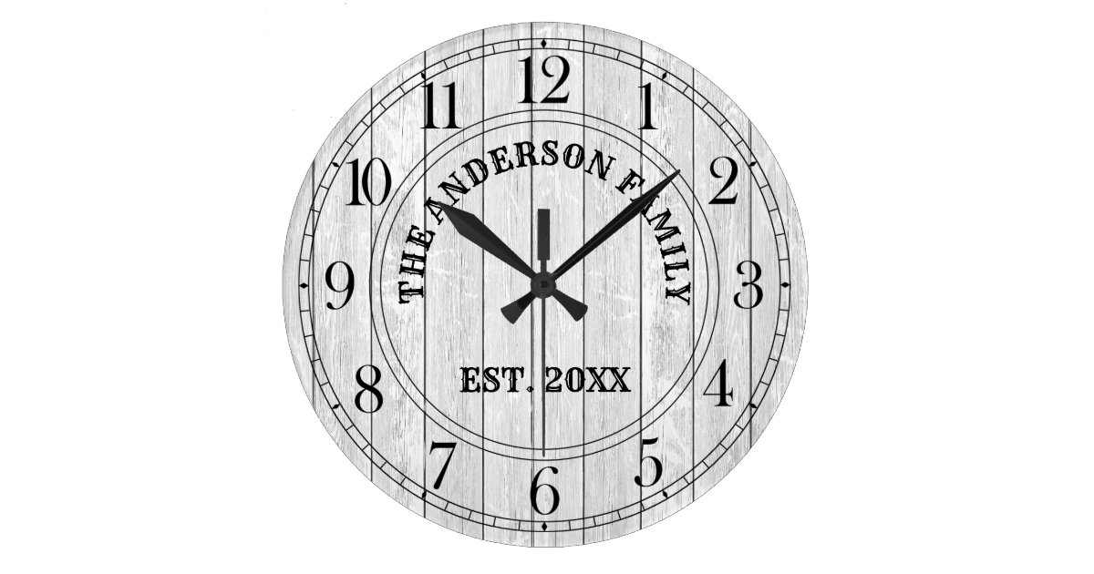 Rustic White Barn Wood Farmhouse Personalized Name Large Clock | Zazzle