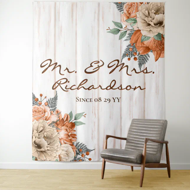 Rustic White Barn Wood Orange Floral Wedding Tapestry | Zazzle