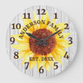 Rustic White Barn Wood Sunflower Personalized Name Large Clock | Zazzle