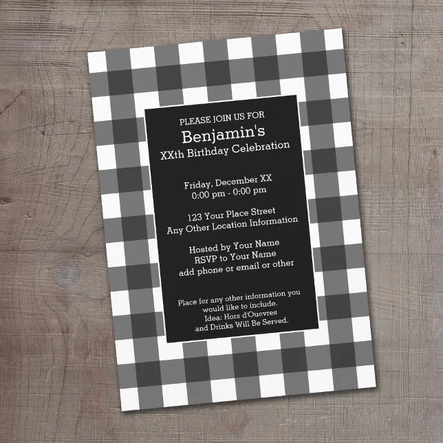 Rustic White & Black Buffalo Plaid Birthday Party Invitation | Zazzle