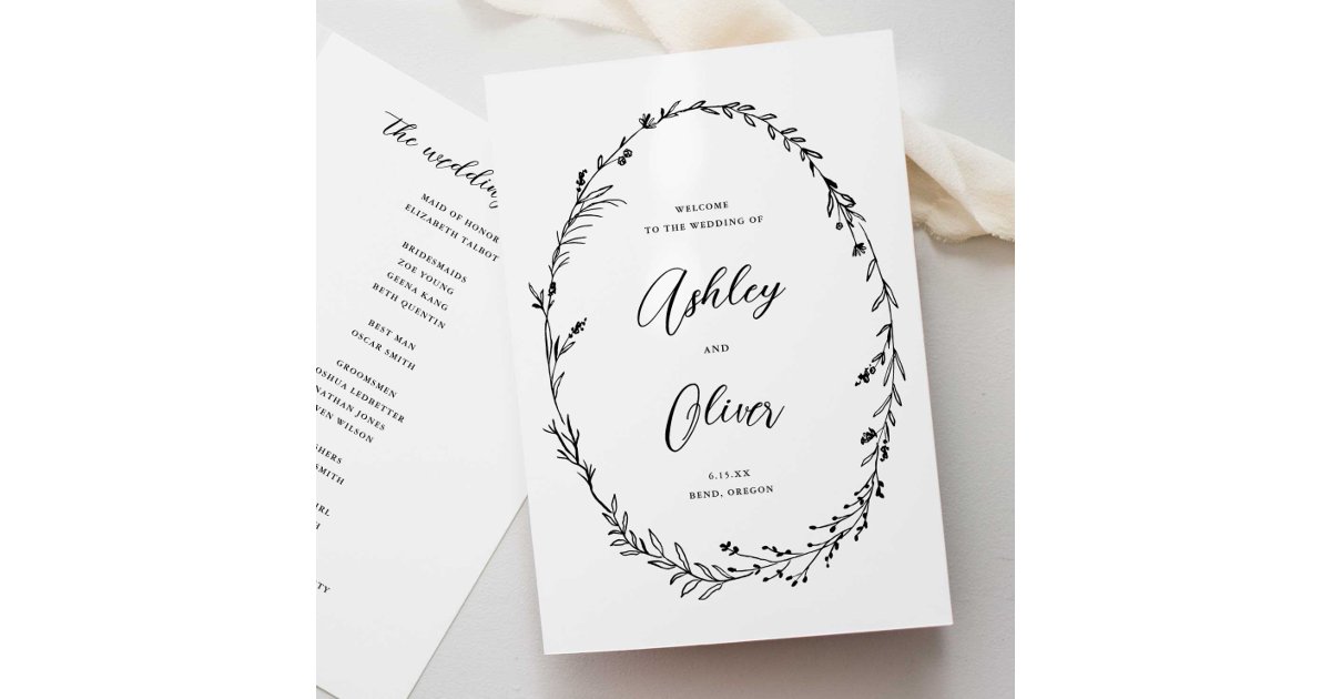 Rustic White & Black Wildflower Wreath Wedding Program | Zazzle