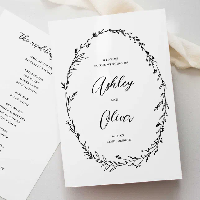 Rustic White & Black Wildflower Wreath Wedding Program | Zazzle