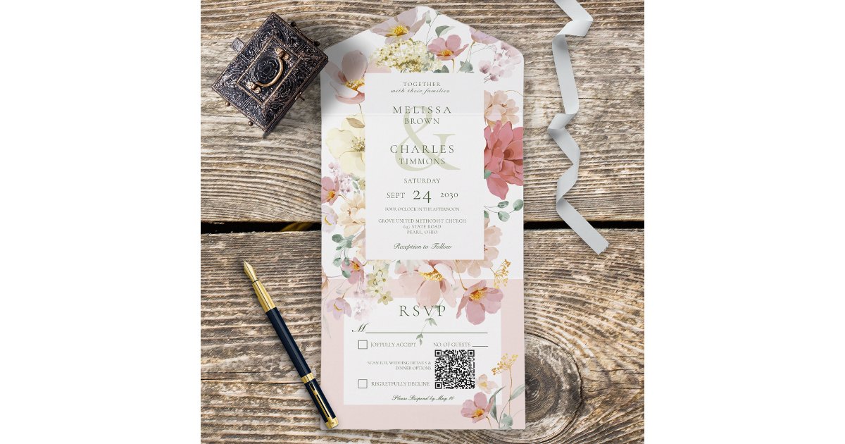Rustic White & Blush Pink Boho Flowers QR Code All In One Invitation ...