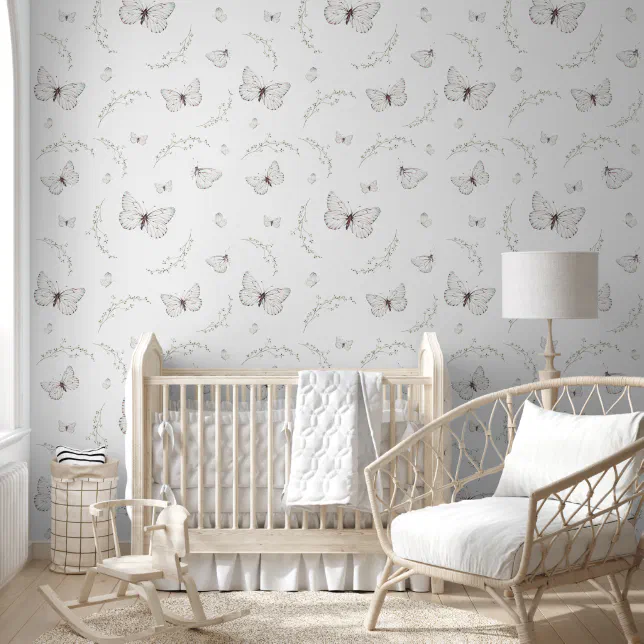 Rustic White Butterflies Garden Peel and Stick Wallpaper | Zazzle