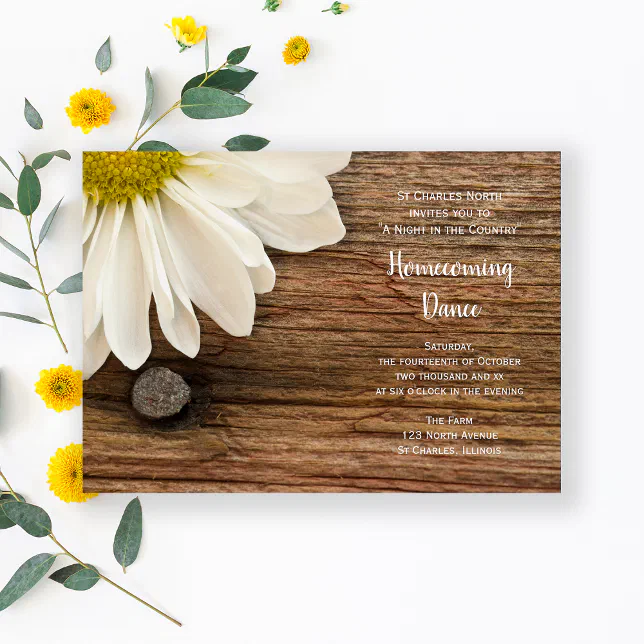 Rustic White Daisy Country Barn Homecoming Dance Invitation | Zazzle