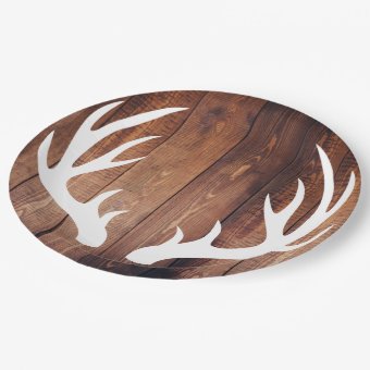 Rustic White Deer Antlers Barn Wood Paper Plates | Zazzle