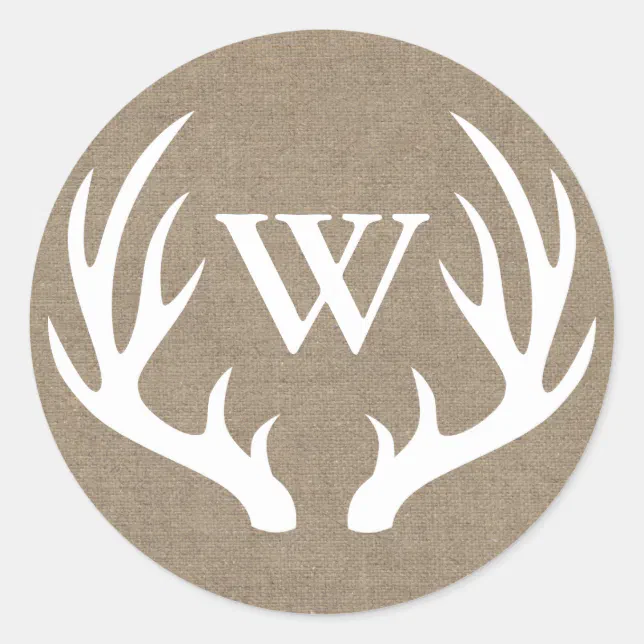 Rustic White Deer Antlers Burlap Initial Letter Classic Round Sticker ...