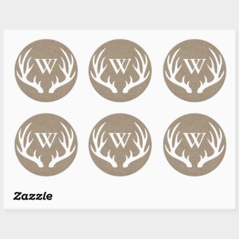Rustic White Deer Antlers Burlap Initial Letter Classic Round Sticker ...