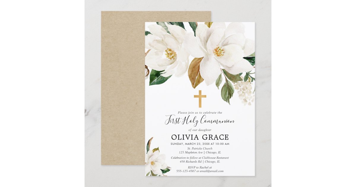 Rustic white floral magnolia first communion invitation | Zazzle