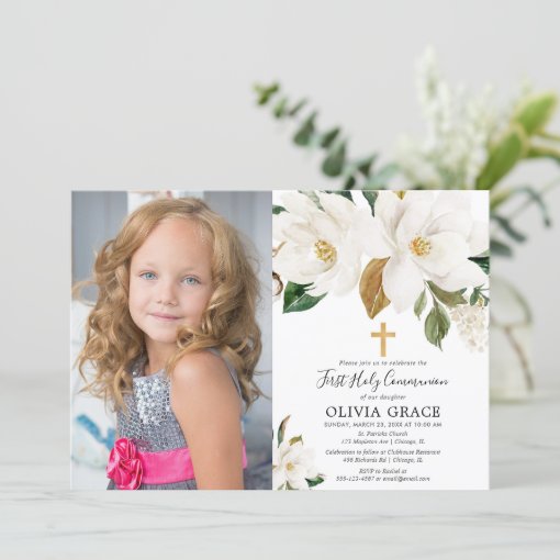 Rustic white floral magnolia first communion photo invitation | Zazzle