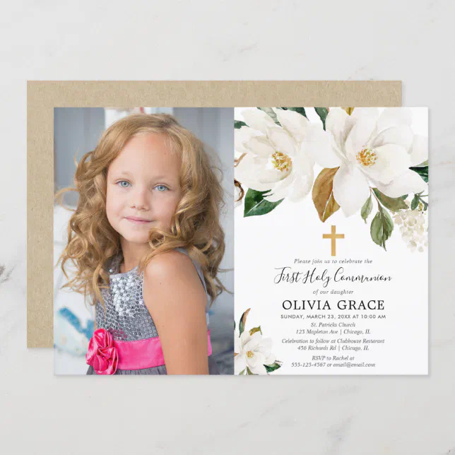 Rustic white floral magnolia first communion photo invitation | Zazzle
