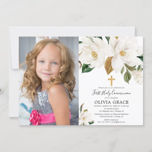 Rustic white floral magnolia first communion photo invitation | Zazzle