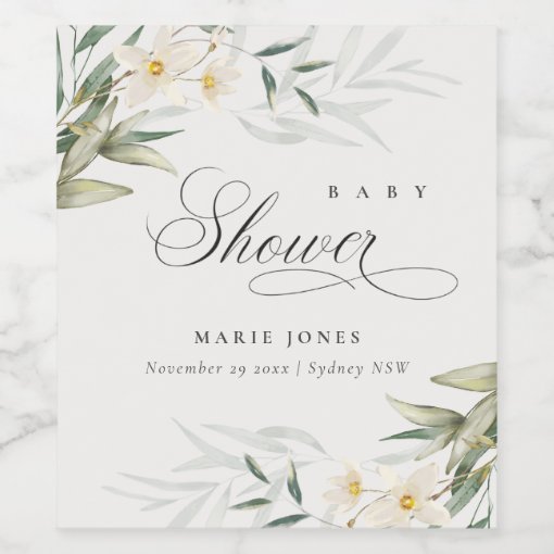 Rustic White Greenery Floral Bunch Baby Shower Wine Label | Zazzle