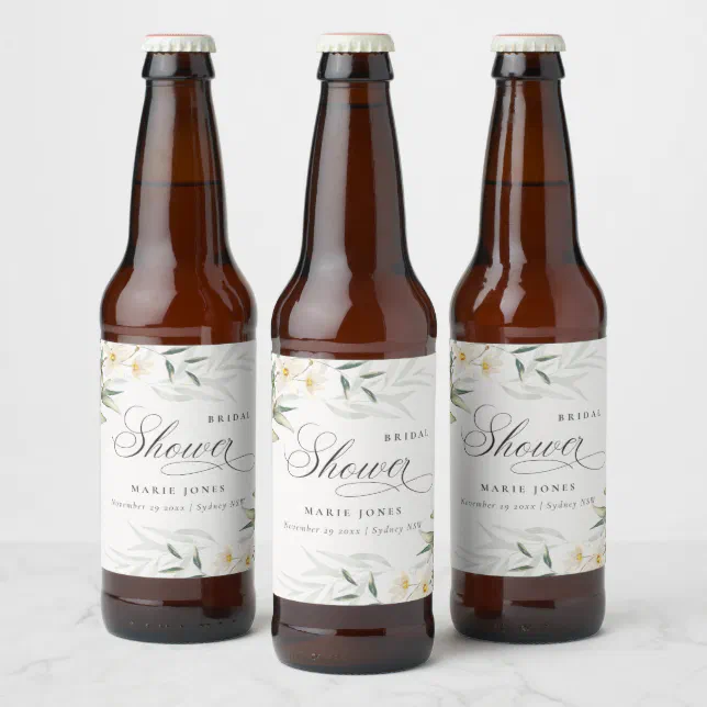 Rustic White Greenery Floral Bunch Bridal Shower Beer Bottle Label | Zazzle