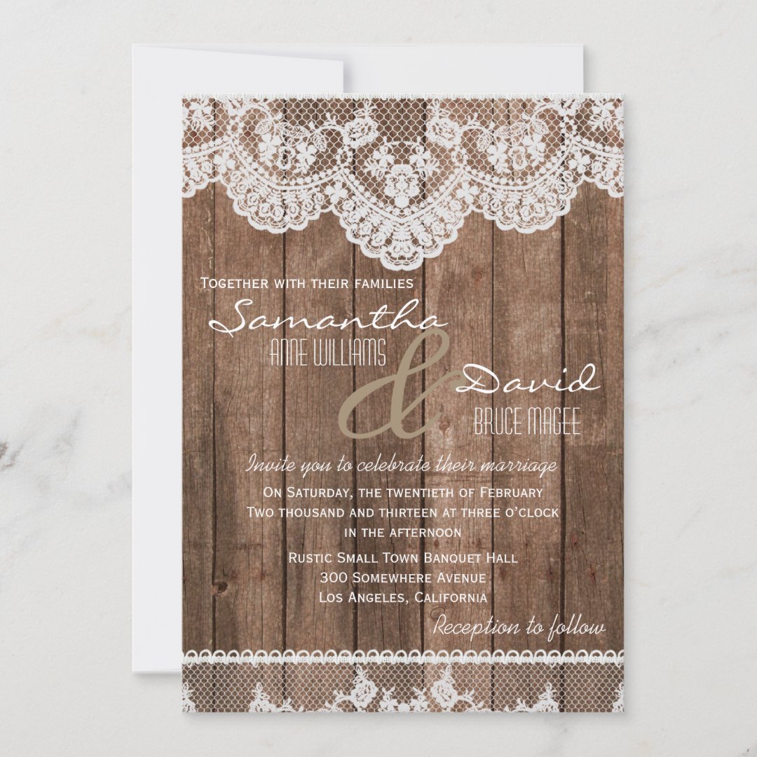 Rustic White Lace and Wood Wedding Invitation | Zazzle
