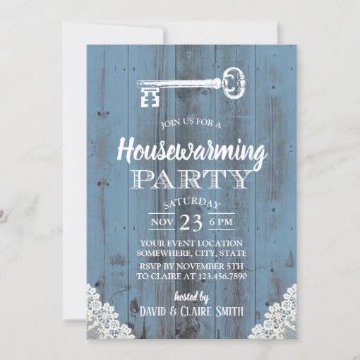 Rustic White Lace Dusty Blue Housewarming Party Invitation | Zazzle
