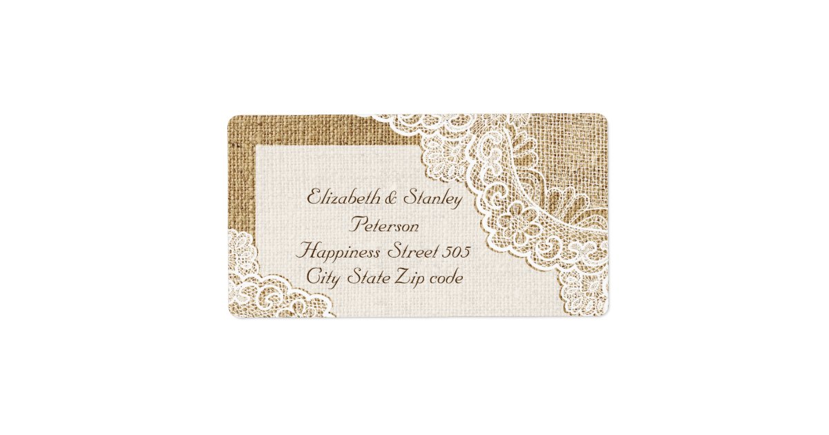Rustic white lace on burlap wedding label | Zazzle