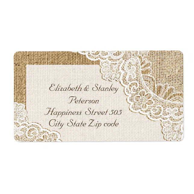 Rustic white lace on burlap wedding label | Zazzle