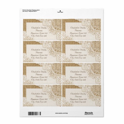 Rustic white lace on burlap wedding label | Zazzle