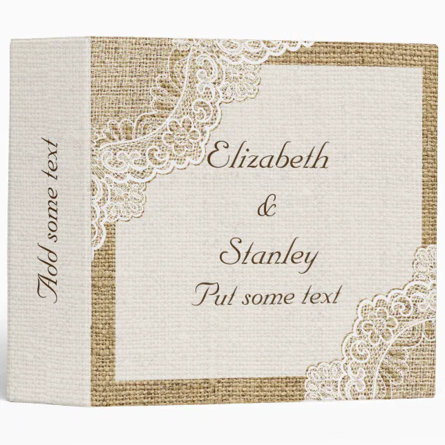 Rustic white lace on burlap wedding planner 3 ring binder | Zazzle