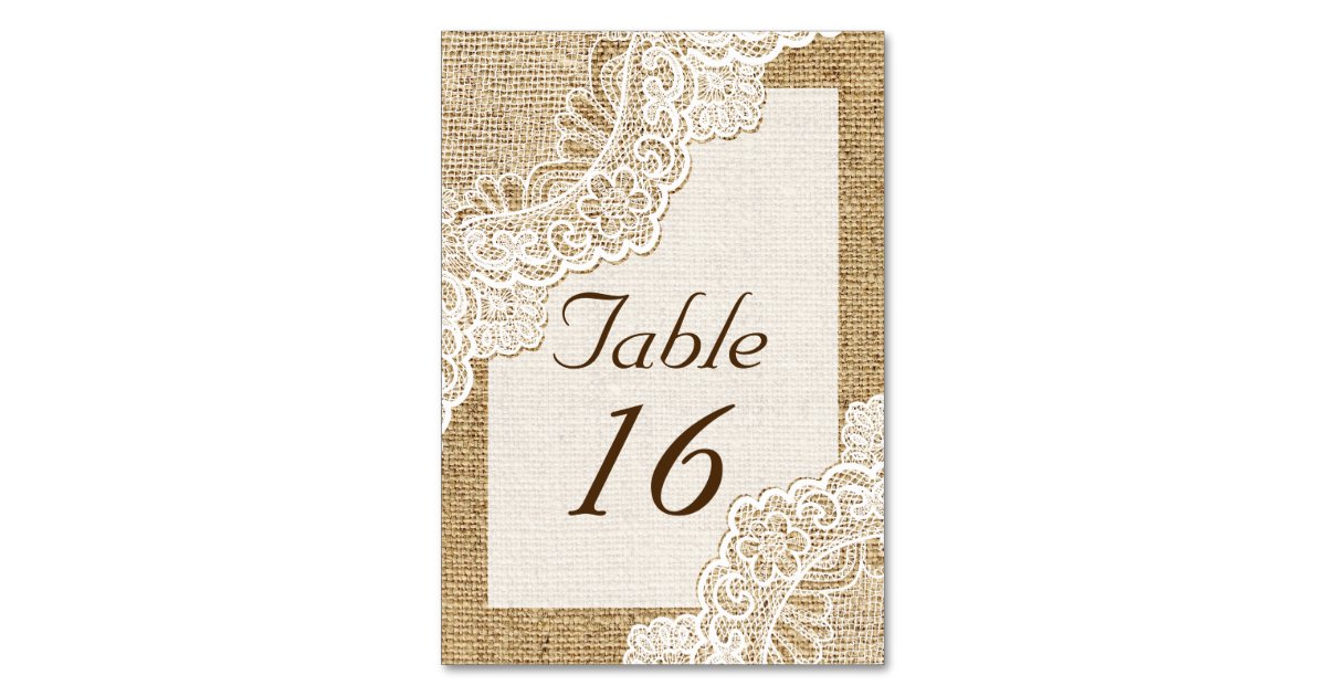 Rustic white lace on burlap wedding table number | Zazzle