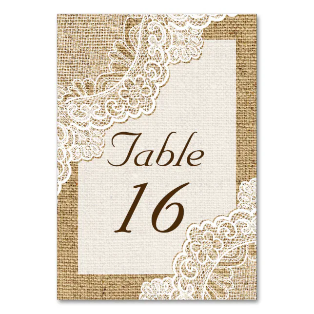 Rustic white lace on burlap wedding table number | Zazzle