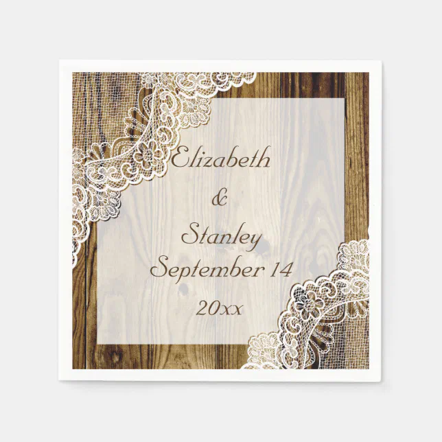 Rustic white lace on wood rustic wedding napkins | Zazzle