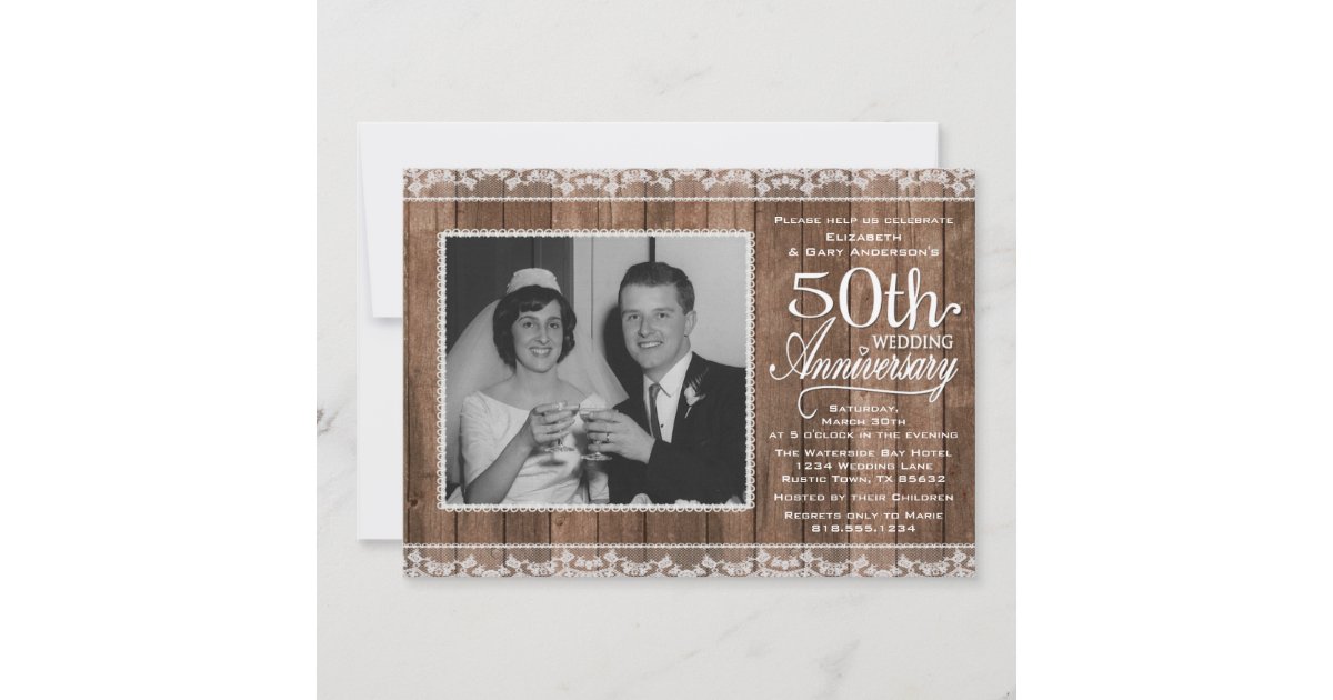 Rustic White Lace & Wood 50th Wedding Anniversary Invitation | Zazzle