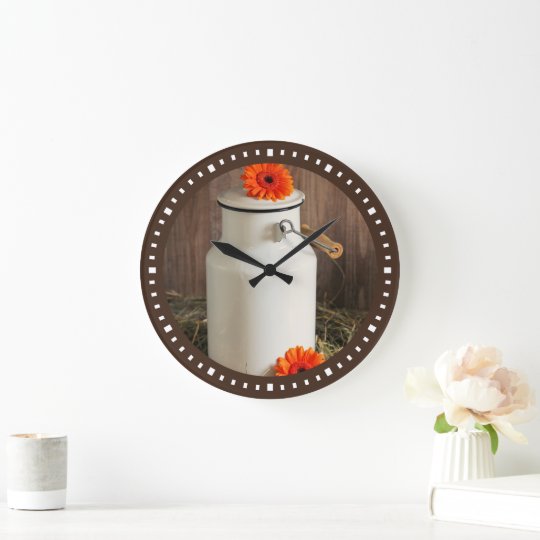 Rustic White Milk Jug with Flowers Large Clock | Zazzle.com