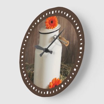 Rustic White Milk Jug with Flowers Large Clock | Zazzle