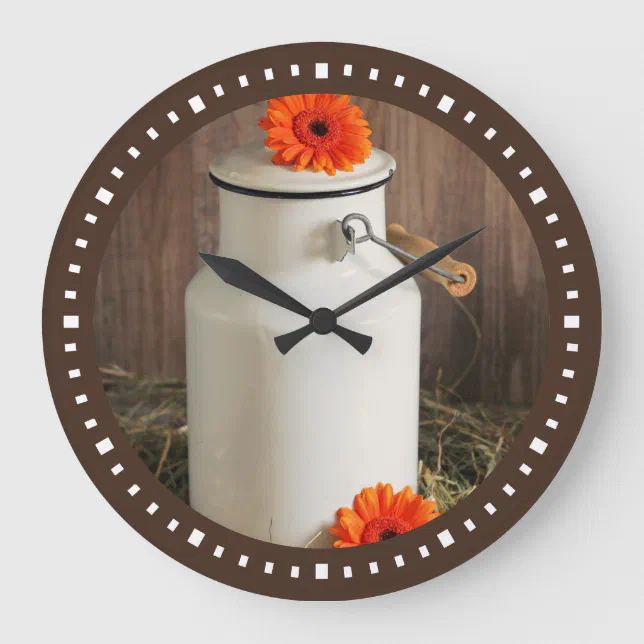 Rustic White Milk Jug with Flowers Large Clock | Zazzle