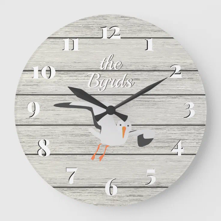 Rustic White Painted Board Coastal Seagull Large Clock | Zazzle