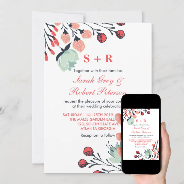 Rustic White Red Blue Floral Wedding Invitation | Zazzle