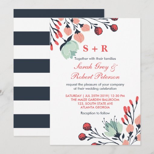 Rustic White Red Blue Floral Wedding Invitation | Zazzle