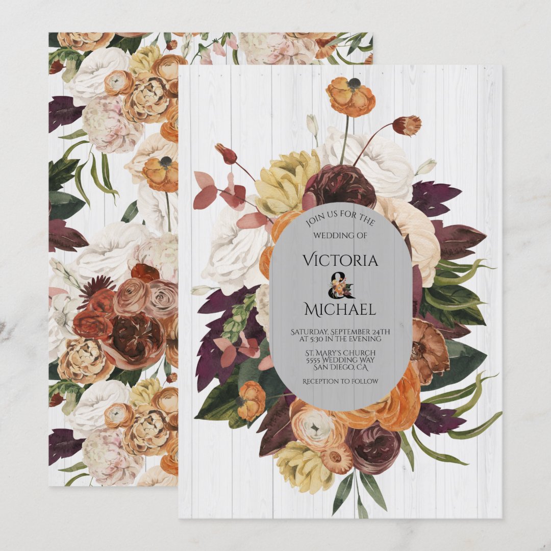 Rustic White Wood Autumn Floral Wreath Wedding Invitation | Zazzle