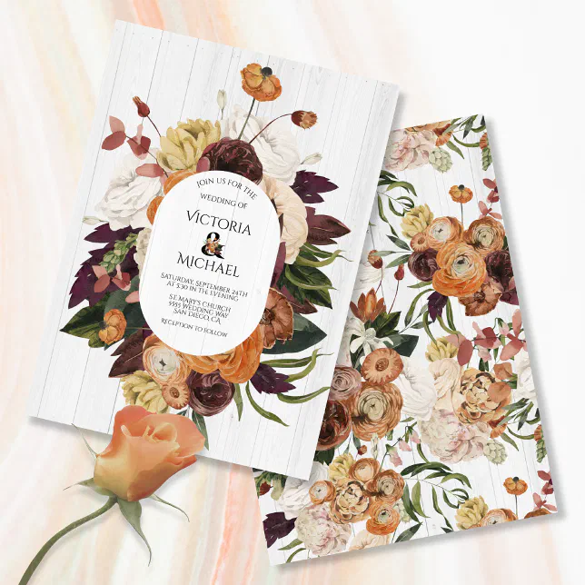 Rustic White Wood Autumn Floral Wreath Wedding Invitation | Zazzle