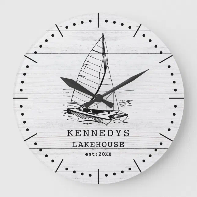 Rustic White Wood Boat Family Name Lake House Large Clock | Zazzle