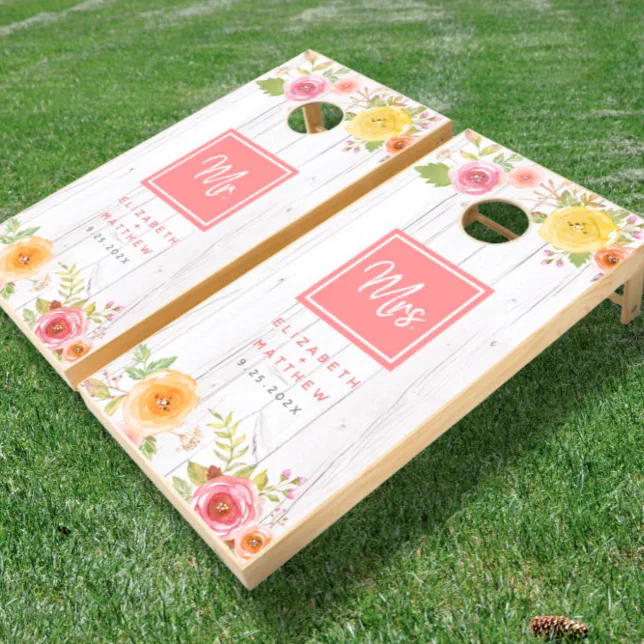 Rustic White Wood Country Wedding Floral Monogram Cornhole Set | Zazzle