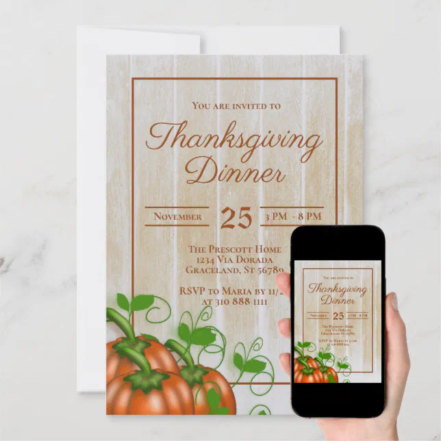 Rustic White Wood Pumpkins Thanksgiving Dinner Inv Invitation | Zazzle