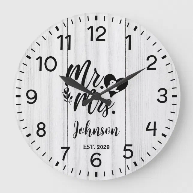 Rustic White wooden Elegant Script Mr & Mrs Large Clock | Zazzle
