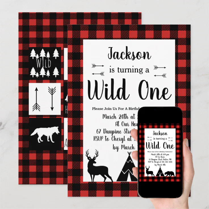 Rustic Wilderness & Animal Plaid Wild One Birthday Invitation | Zazzle
