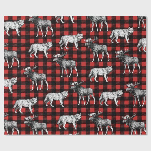 Rustic Wilderness Wolves & Moose Buffalo Plaid Wrapping Paper | Zazzle