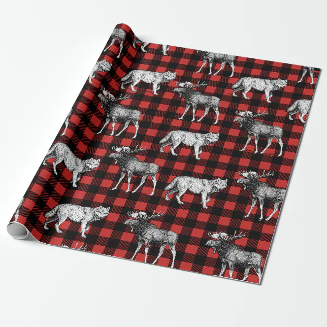 Rustic Wilderness Wolves & Moose Buffalo Plaid Wrapping Paper | Zazzle