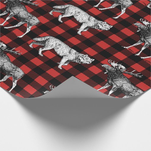 Rustic Wilderness Wolves & Moose Buffalo Plaid Wrapping Paper | Zazzle