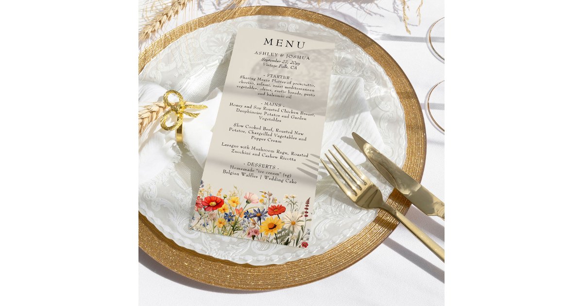 Rustic Wildflower Country Floral Wedding Menu Invitation | Zazzle